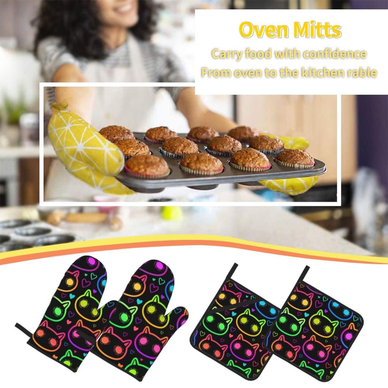 Oven Mitts and Pot Holders Sets of 4 High Heat Resistant Colorful Psychedelic Cat Oven Mitts with Oven Gloves and Hot Pads Potholders for Kitchen Baking Cooking BBQ Non-Slip Cooking Mitts