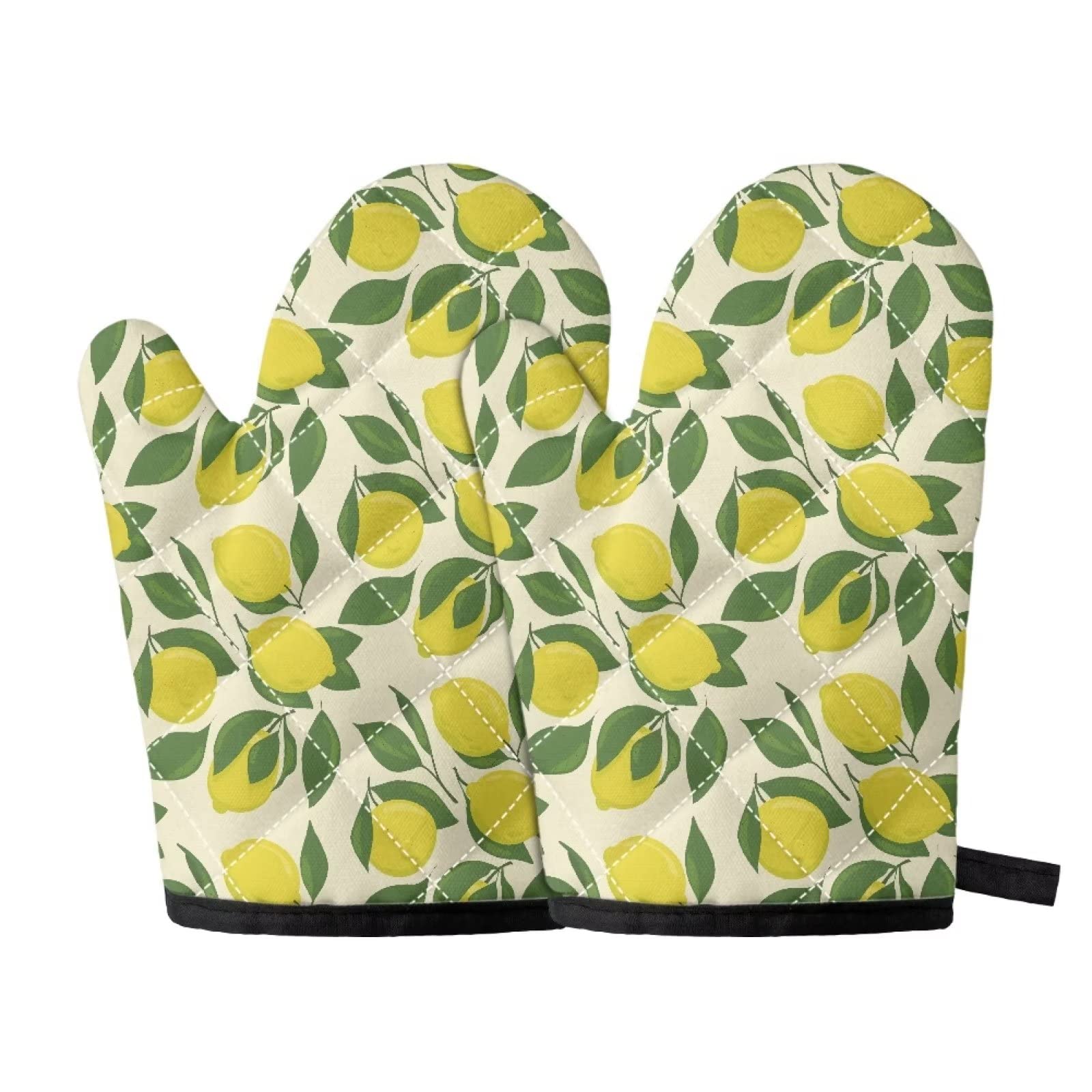 COEQINE Lemon Pattern with Oven Mitts Kitchen Oven Mitt Baking BBQ Cooking Protector Gloves Non-Slip Insulated Kitchen Heat Resistant Gloves