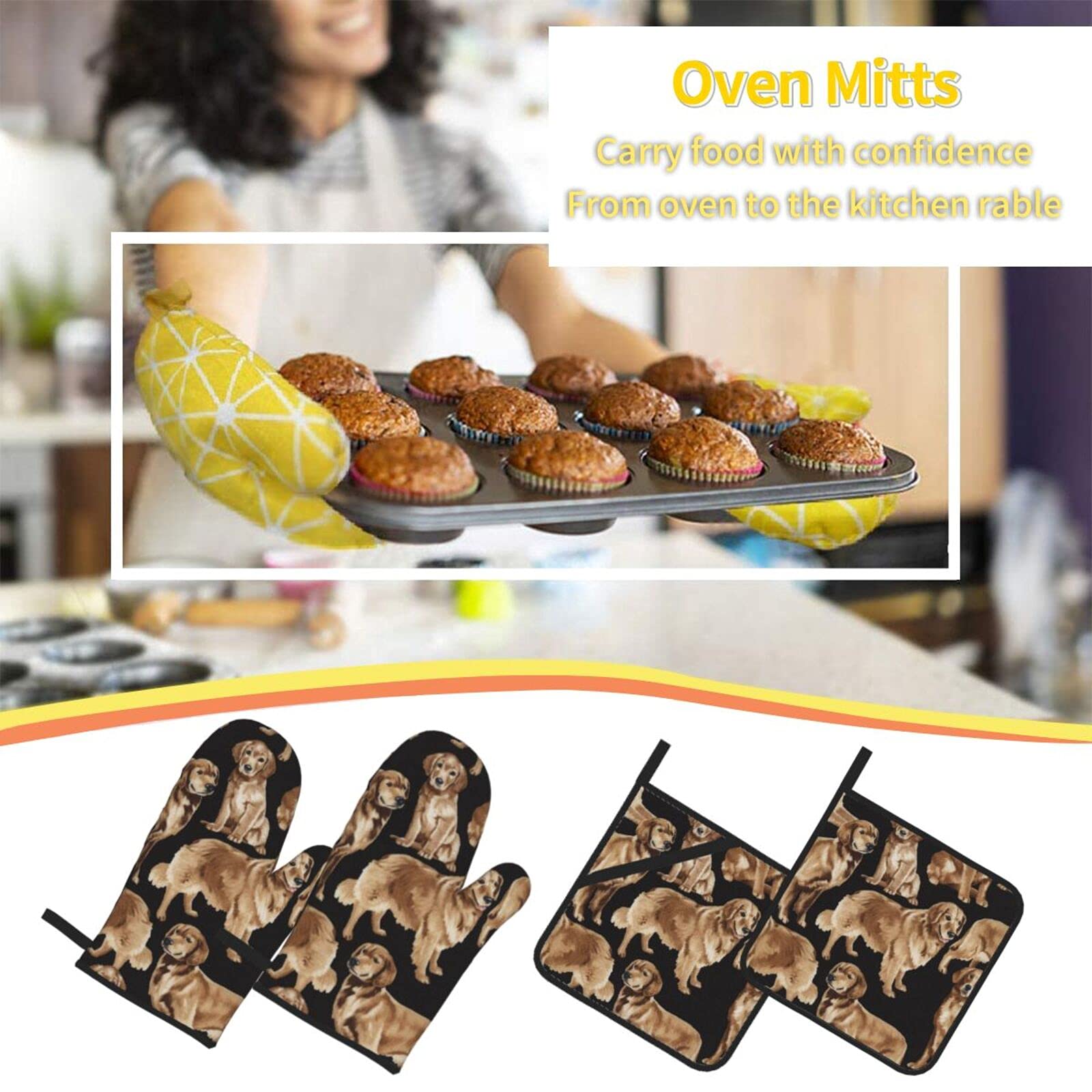 KiOrPeel Golden Retrievers Oven Mitts and Pot Holders Setfor, Heat Resistant Waterproof Non-Slip Kitchen Gloves for Cooking Baking Grilling, One Size