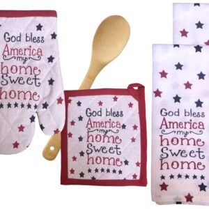 God Bless America Patriotic BBQ Americana Oven Mitt, Pot Holder, Kitchen Towels & Wooden Cooking Spoon 5 Piece Kitchen Set