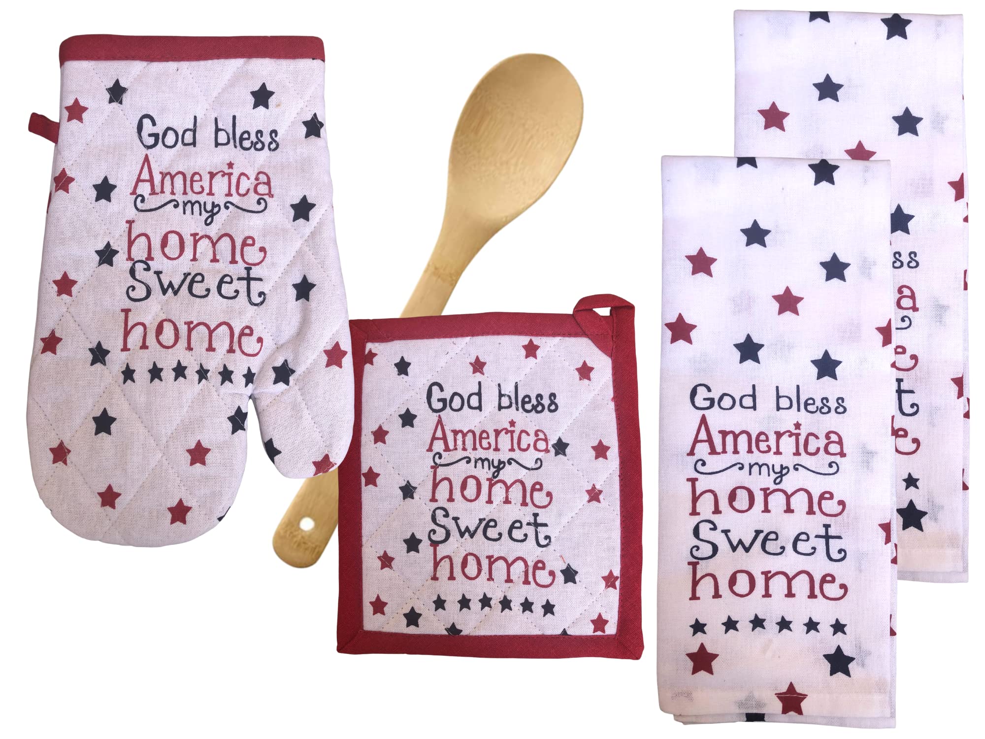 God Bless America Patriotic BBQ Americana Oven Mitt, Pot Holder, Kitchen Towels & Wooden Cooking Spoon 5 Piece Kitchen Set