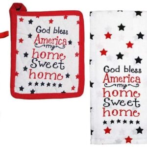 God Bless America Patriotic BBQ Americana Oven Mitt, Pot Holder, Kitchen Towels & Wooden Cooking Spoon 5 Piece Kitchen Set