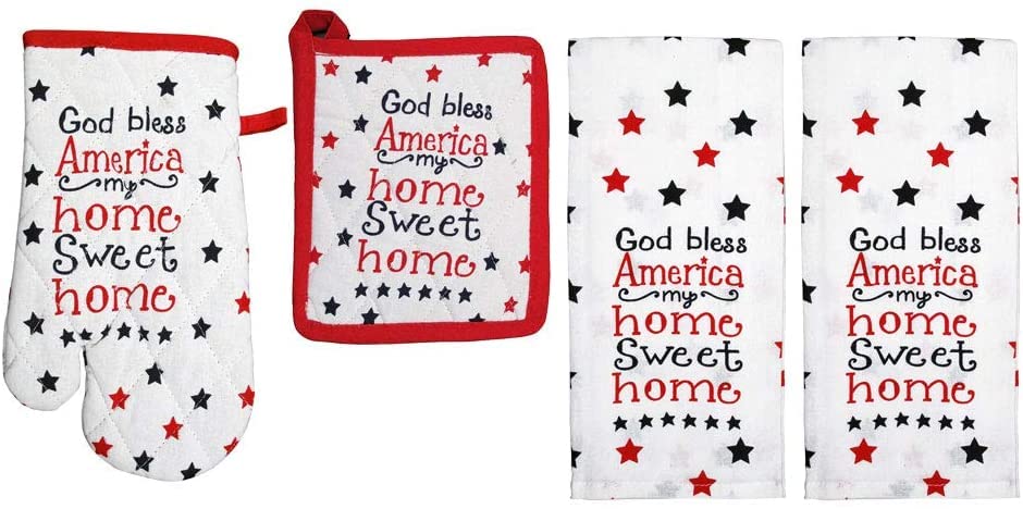 God Bless America Patriotic BBQ Americana Oven Mitt, Pot Holder, Kitchen Towels & Wooden Cooking Spoon 5 Piece Kitchen Set