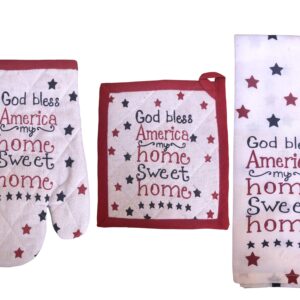 God Bless America Patriotic BBQ Americana Oven Mitt, Pot Holder, Kitchen Towels & Wooden Cooking Spoon 5 Piece Kitchen Set