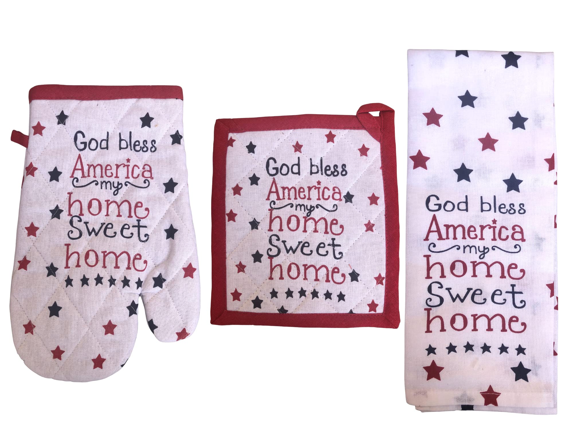 God Bless America Patriotic BBQ Americana Oven Mitt, Pot Holder, Kitchen Towels & Wooden Cooking Spoon 5 Piece Kitchen Set