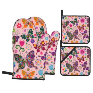 colorful butterflies oven mitts and pot holders sets,non-slip heat resistant oven gloves for grilling baking cooking kitchen housewarming gift