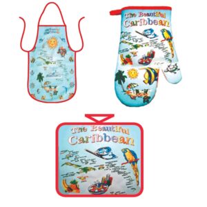 caribbean gift souvenir kitchen accessory cooking set - apron, oven mitt & pot holder unique novelty caribbean island gifts fort women & men (3 piece combo)