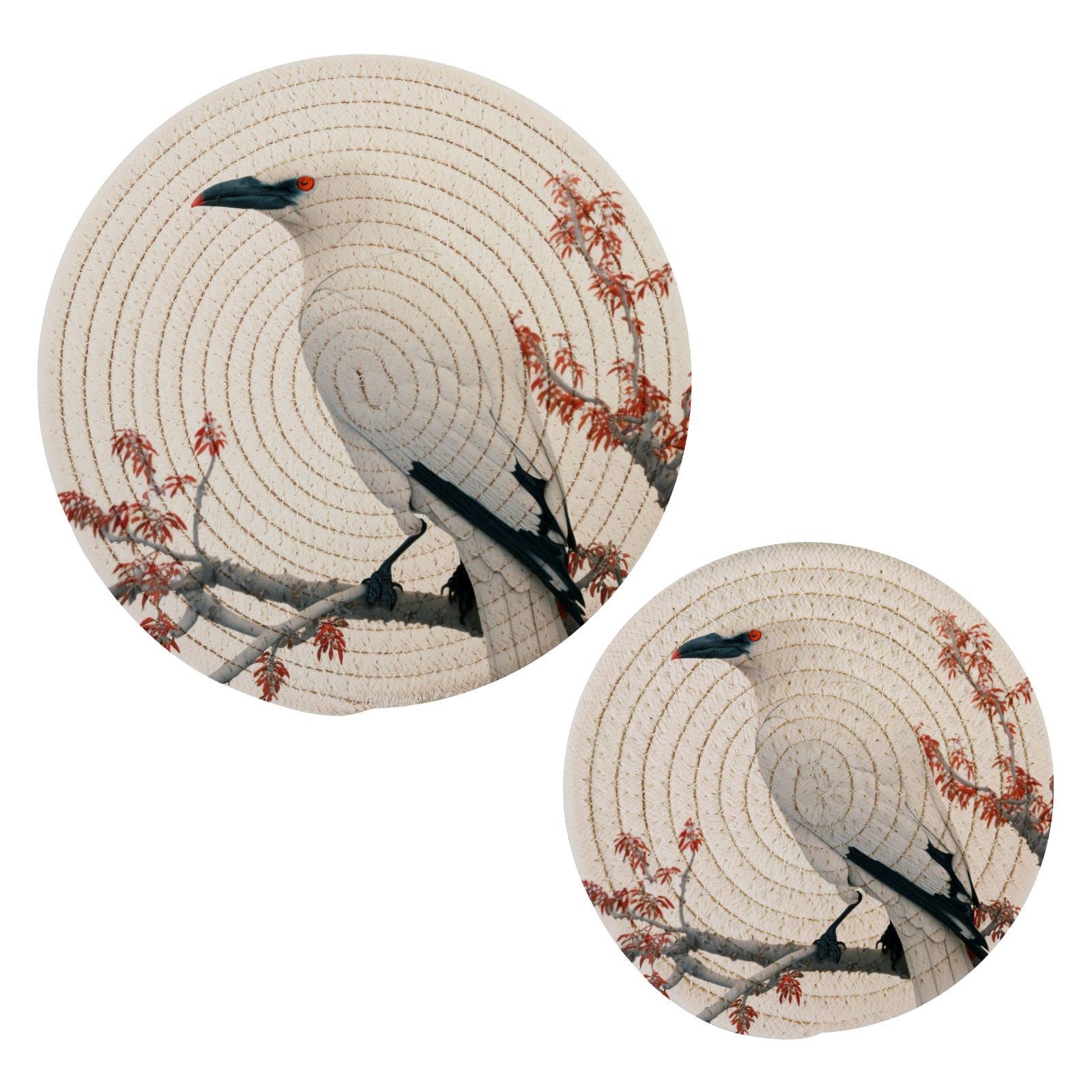 FOLIOSA Cotton Pot Holder Trivets Set of 2 (White Crow), Handmade Hot Pads for Kitchen, Heat Resistant Durable Potholder for Dining Table, Round Cotton Rope Mats for Home Decor