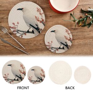 FOLIOSA Cotton Pot Holder Trivets Set of 2 (White Crow), Handmade Hot Pads for Kitchen, Heat Resistant Durable Potholder for Dining Table, Round Cotton Rope Mats for Home Decor