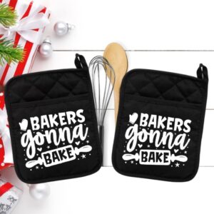 set of 2 black - bakers gonna bake 1 - pot holder - oven mitt - hot pad - polyester & neoprene white elephant - 9" x 7" - neo023blkdbl