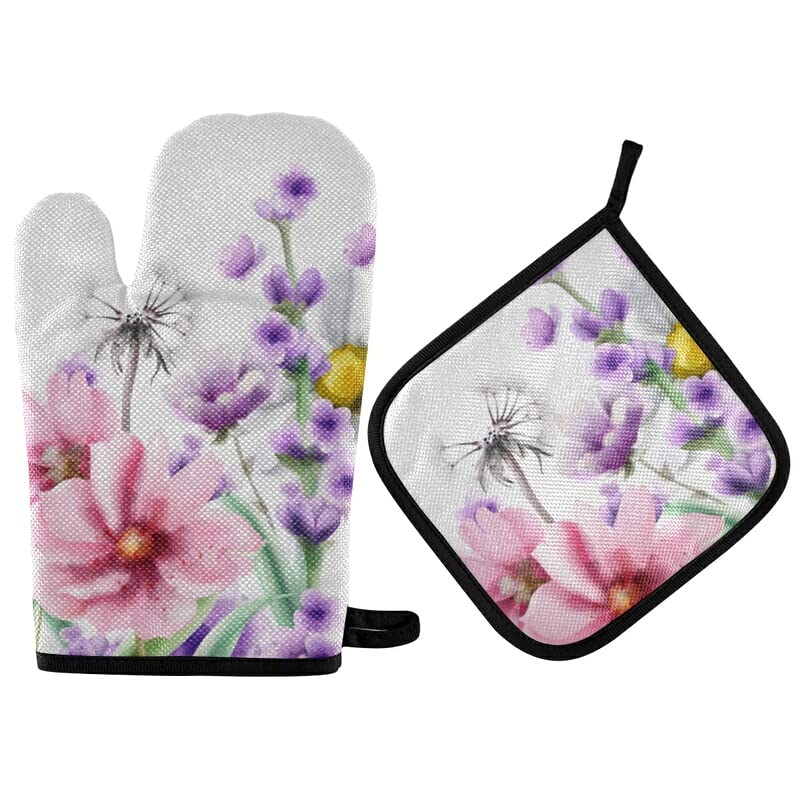 Lavender Flowers Watercolor Oven Mitts Pot Holder Sets Spring Summer Non-Slip Kitchen Heat Resistant Hot Pads for Women Cooking Gloves Baking BakeWear BBQ Gifts