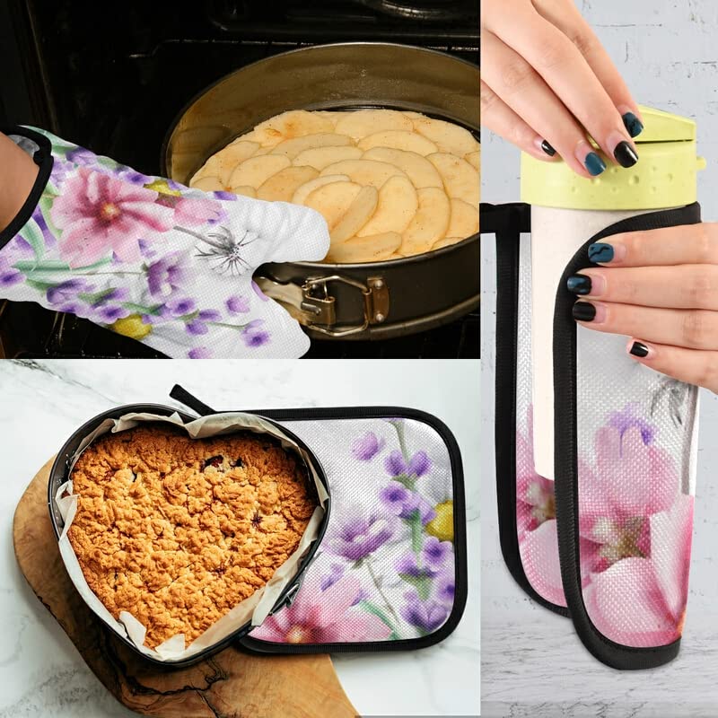 Lavender Flowers Watercolor Oven Mitts Pot Holder Sets Spring Summer Non-Slip Kitchen Heat Resistant Hot Pads for Women Cooking Gloves Baking BakeWear BBQ Gifts