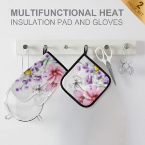 Lavender Flowers Watercolor Oven Mitts Pot Holder Sets Spring Summer Non-Slip Kitchen Heat Resistant Hot Pads for Women Cooking Gloves Baking BakeWear BBQ Gifts