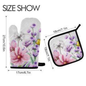 Lavender Flowers Watercolor Oven Mitts Pot Holder Sets Spring Summer Non-Slip Kitchen Heat Resistant Hot Pads for Women Cooking Gloves Baking BakeWear BBQ Gifts