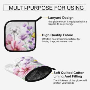 Lavender Flowers Watercolor Oven Mitts Pot Holder Sets Spring Summer Non-Slip Kitchen Heat Resistant Hot Pads for Women Cooking Gloves Baking BakeWear BBQ Gifts