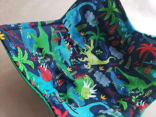 Dinosaur Microwave Bowl Cozy Dino Reversible Microwaveable Potholder Paleontologist Bowl Buddy Children's Kitchen Linens Tyrannosaurus Rex Raptor Kid Gifts Under 10 Handmade Birthday