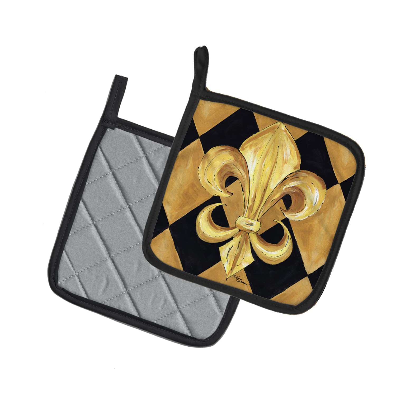 Caroline's Treasures 8125PTHD Black and Gold Fleur de lis New Orleans Pair of Pot Holders Kitchen Heat Resistant Pot Holders Sets Oven Hot Pads for Cooking Baking BBQ, 7 1/2 x 7 1/2