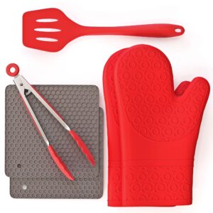 silicone oven mitts and pot holders | set of 6 pieces | silicone pot holders | heat resistant non slip kitchen mat and gloves | silicone spatula for nonstick cookware | kitchen tongs for cooking