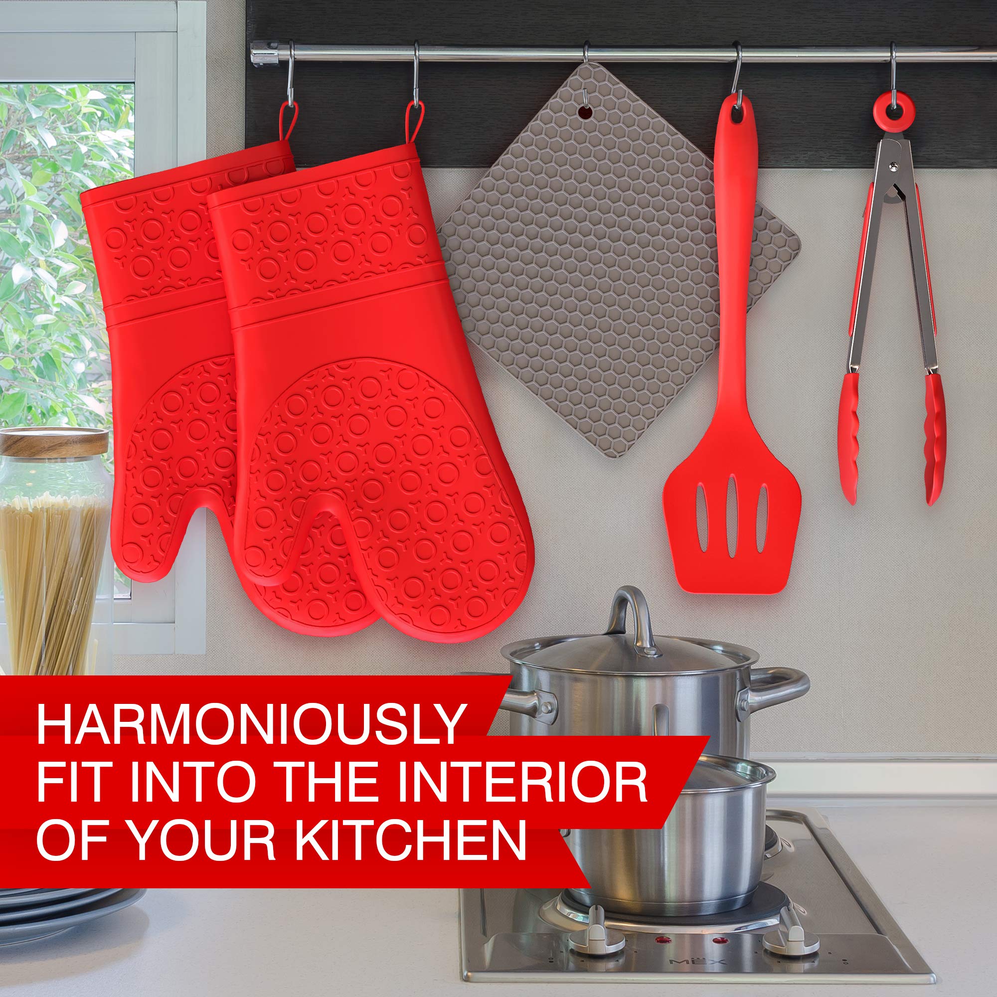 Silicone Oven Mitts and Pot Holders | Set of 6 Pieces | Silicone Pot Holders | Heat Resistant Non Slip Kitchen Mat and Gloves | Silicone Spatula for Nonstick Cookware | Kitchen Tongs for Cooking