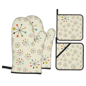 retro modern oven mitts and pot holders sets, 4 piece set, heat resistant polyester gloves and pads for kitchen cooking baking grilling bbq