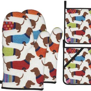 Pajamas Dachshund Pattern Oven Mitts and Pot Holders Sets of 4,Resistant Hot Pads Non-Slip BBQ Gloves for Kitchen,Cooking