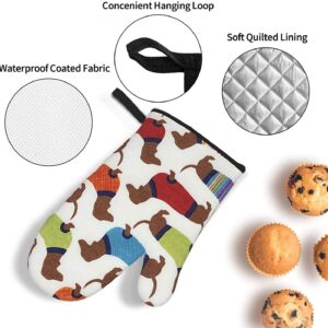 Pajamas Dachshund Pattern Oven Mitts and Pot Holders Sets of 4,Resistant Hot Pads Non-Slip BBQ Gloves for Kitchen,Cooking