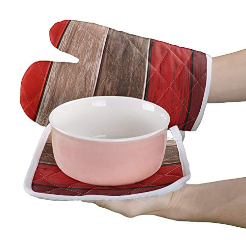 Oven Mitt and Pot Holder Set Heat-Insulation Gloves 2Pcs Vintage Farm Barn Red-Brown Gradient on Wood Grain Polyester & Cotton Oven Mitts Set for Cooking and Baking