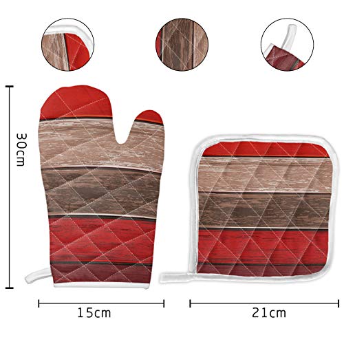 Oven Mitt and Pot Holder Set Heat-Insulation Gloves 2Pcs Vintage Farm Barn Red-Brown Gradient on Wood Grain Polyester & Cotton Oven Mitts Set for Cooking and Baking