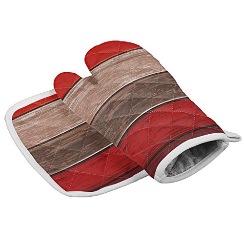 Oven Mitt and Pot Holder Set Heat-Insulation Gloves 2Pcs Vintage Farm Barn Red-Brown Gradient on Wood Grain Polyester & Cotton Oven Mitts Set for Cooking and Baking