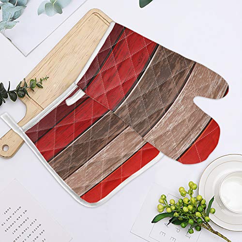 Oven Mitt and Pot Holder Set Heat-Insulation Gloves 2Pcs Vintage Farm Barn Red-Brown Gradient on Wood Grain Polyester & Cotton Oven Mitts Set for Cooking and Baking