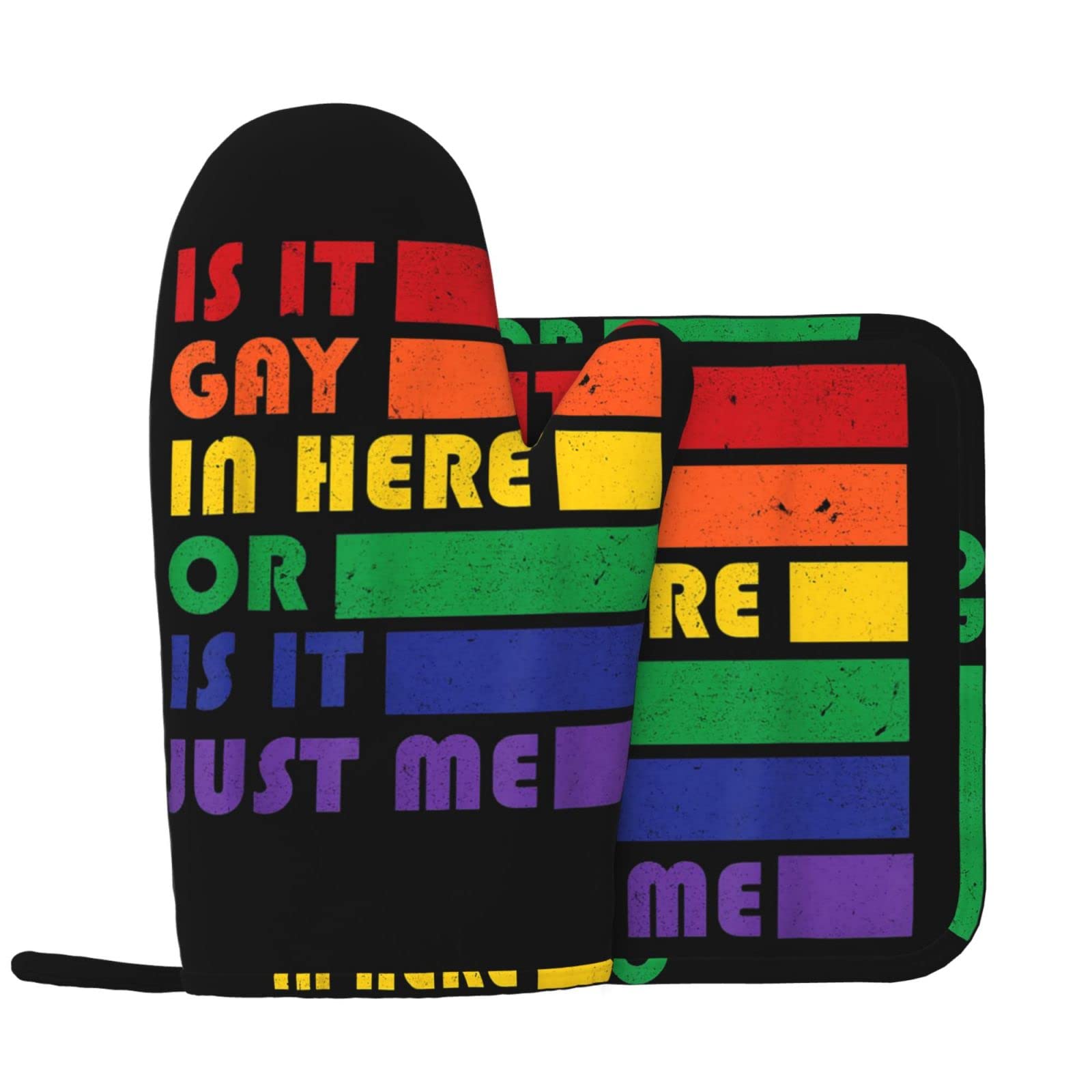 is It Gay in Here Or is It Just Me LGBTQ Gay Pride Oven Mitts and Pot Holders Sets for Baking Barbecue and Cooking Microwave Gloves Pot Rack Hot Pad