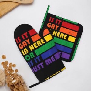 is It Gay in Here Or is It Just Me LGBTQ Gay Pride Oven Mitts and Pot Holders Sets for Baking Barbecue and Cooking Microwave Gloves Pot Rack Hot Pad