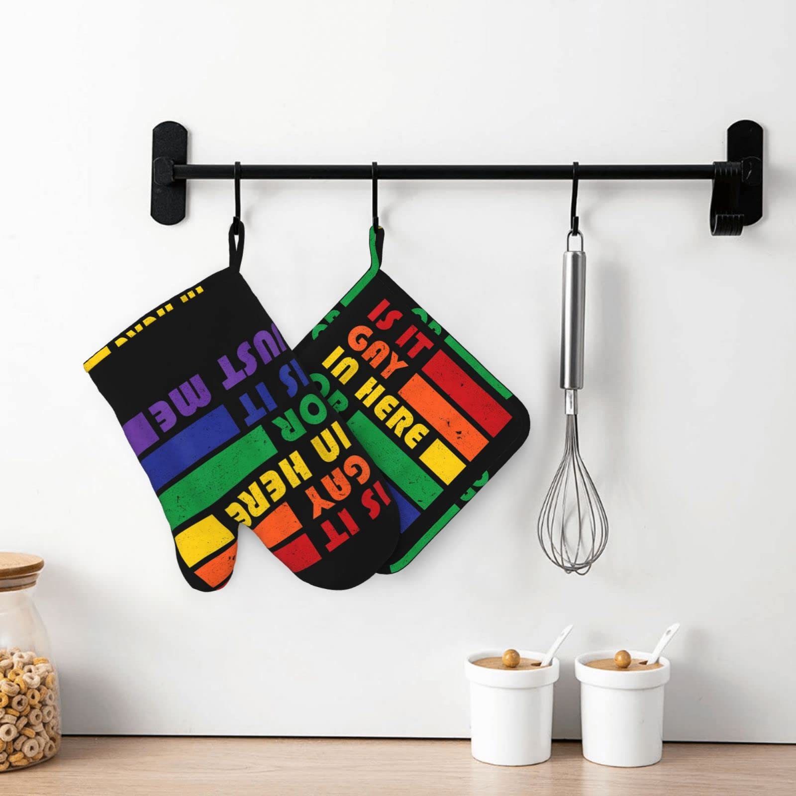 is It Gay in Here Or is It Just Me LGBTQ Gay Pride Oven Mitts and Pot Holders Sets for Baking Barbecue and Cooking Microwave Gloves Pot Rack Hot Pad