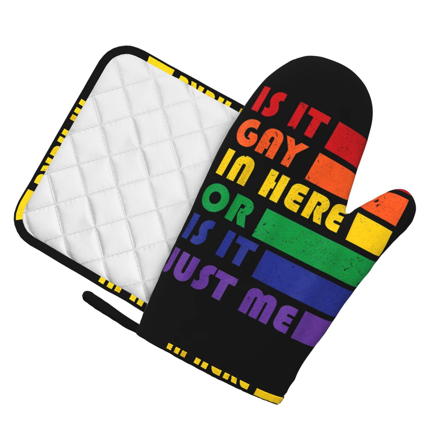 is It Gay in Here Or is It Just Me LGBTQ Gay Pride Oven Mitts and Pot Holders Sets for Baking Barbecue and Cooking Microwave Gloves Pot Rack Hot Pad