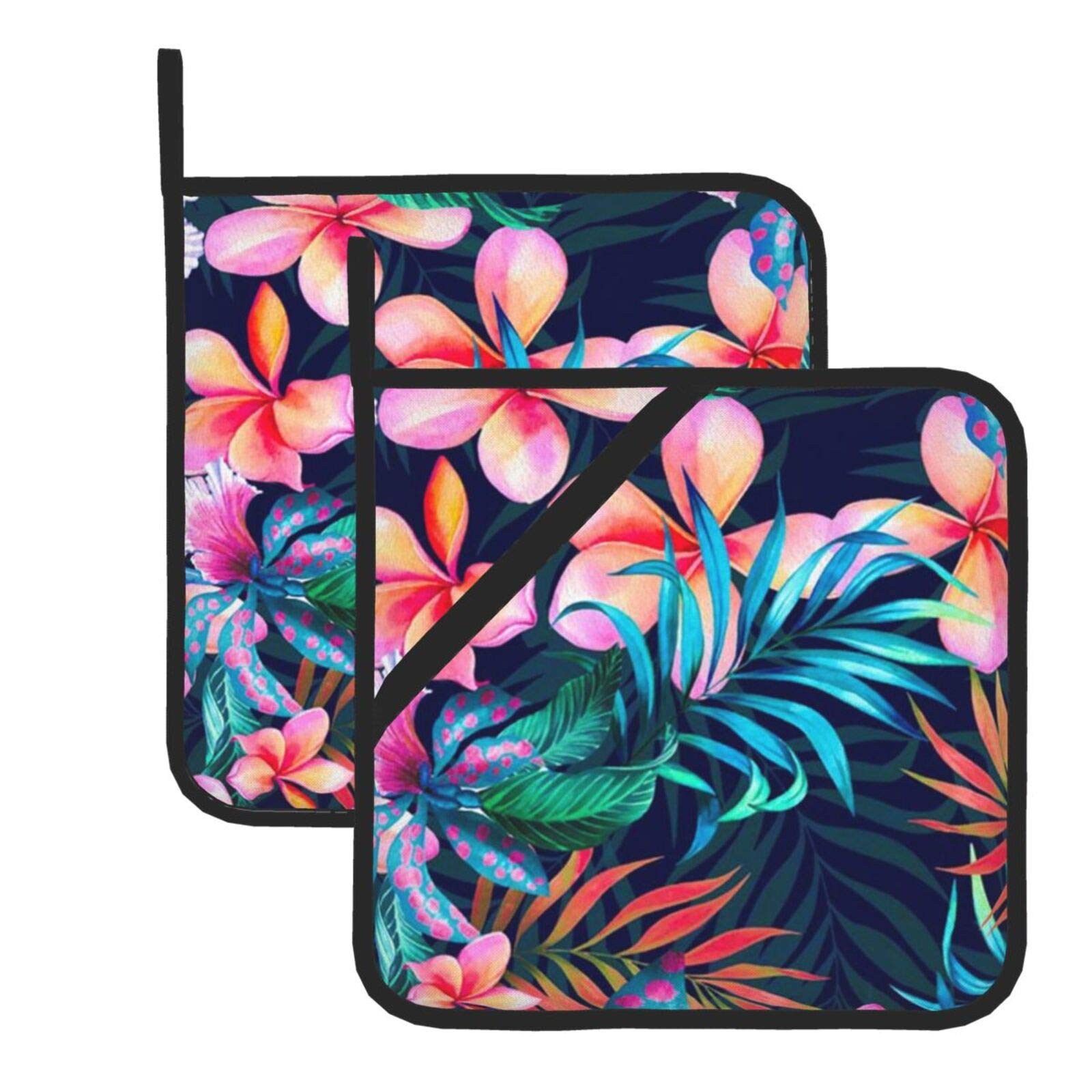 Pot Holders Sets Neon Tropical Hawaiian Flowers Heat Resistant Coaster Potholder 2 Pcs Set for Cooking Baking Non-Slip Water-Proof Potholders for Kitchens