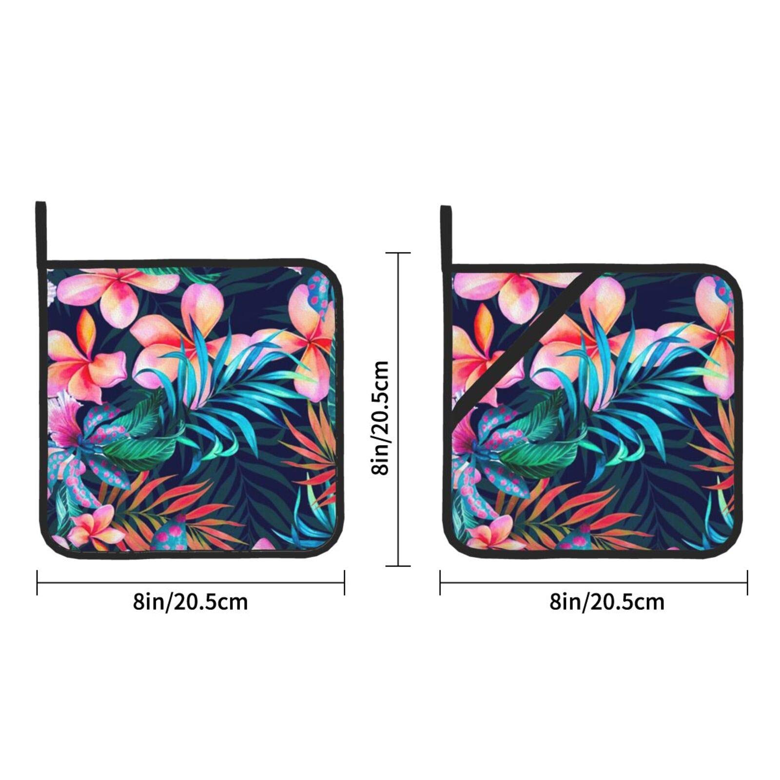 Pot Holders Sets Neon Tropical Hawaiian Flowers Heat Resistant Coaster Potholder 2 Pcs Set for Cooking Baking Non-Slip Water-Proof Potholders for Kitchens