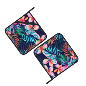 Pot Holders Sets Neon Tropical Hawaiian Flowers Heat Resistant Coaster Potholder 2 Pcs Set for Cooking Baking Non-Slip Water-Proof Potholders for Kitchens