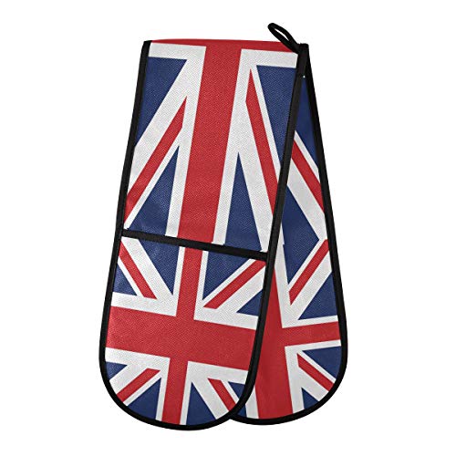 AUUXVA Double Oven Mitts British Union Jack Flag Stripe Heat Resistant Gloves Cooking Quilted Potholder for Kitchen BBQ Baking Grilling Microwave