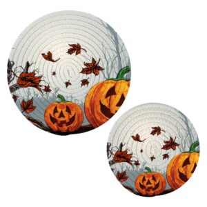 halloween creepy forest with pumpkin trivets set 2 pot holders pot pads pure cotton thread weave potholders for hot dishes pot bowl teapot table countertop