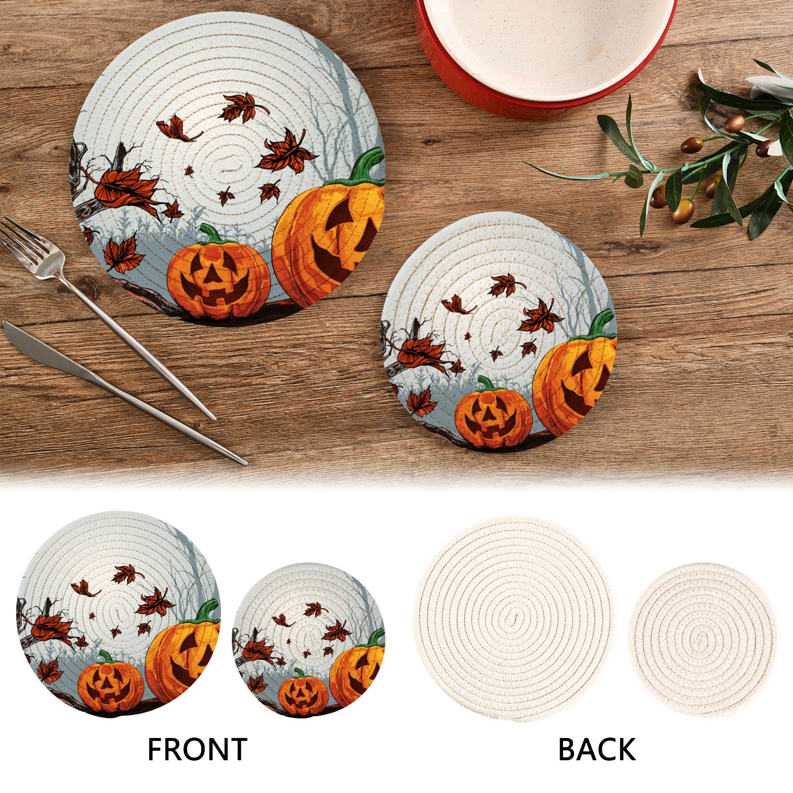 Halloween Creepy Forest with Pumpkin Trivets Set 2 Pot Holders Pot Pads Pure Cotton Thread Weave Potholders for Hot Dishes Pot Bowl Teapot Table Countertop