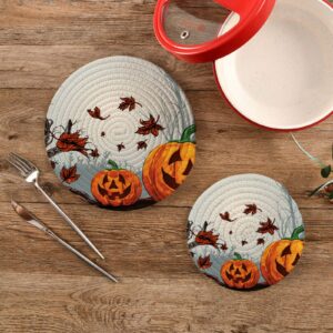 Halloween Creepy Forest with Pumpkin Trivets Set 2 Pot Holders Pot Pads Pure Cotton Thread Weave Potholders for Hot Dishes Pot Bowl Teapot Table Countertop