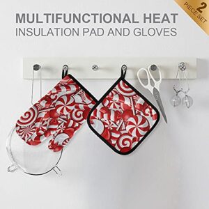 Winter Valentines Candy Canes Oven Mitts Pot Holder Sets 2pcs Sweets Christmas Xmas Non-Slip Kitchen Heat Resistant Hot Pads for Women Cooking Gloves Baking Wear BBQ