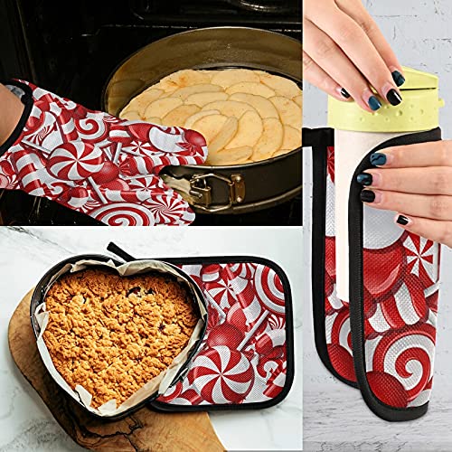 Winter Valentines Candy Canes Oven Mitts Pot Holder Sets 2pcs Sweets Christmas Xmas Non-Slip Kitchen Heat Resistant Hot Pads for Women Cooking Gloves Baking Wear BBQ