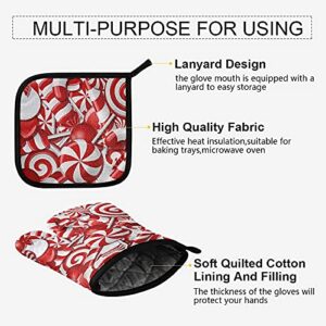 Winter Valentines Candy Canes Oven Mitts Pot Holder Sets 2pcs Sweets Christmas Xmas Non-Slip Kitchen Heat Resistant Hot Pads for Women Cooking Gloves Baking Wear BBQ