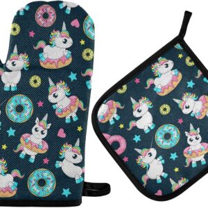 Oven Mitts Pot Holders Set, Donut Unicorn with Rainbow Tail Heat Resistant Waterproof Gloves with Soft Cotton Lining for Kitchen Cooking, Baking, Microwave, BBQ