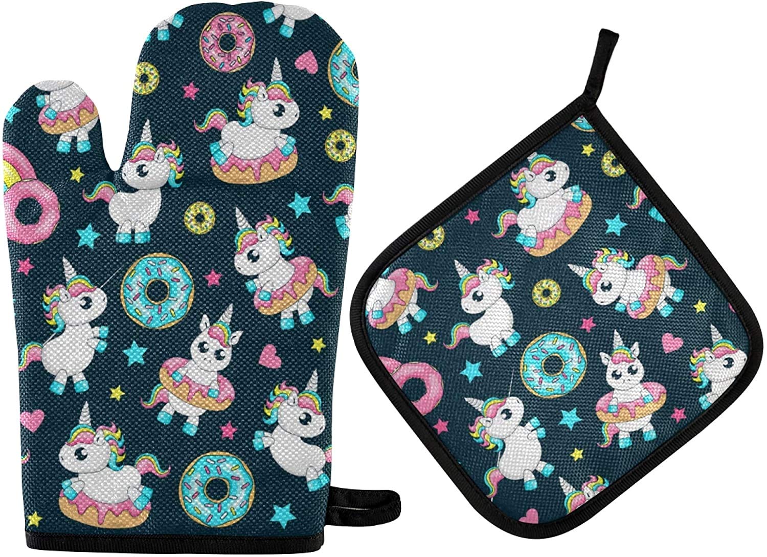 Oven Mitts Pot Holders Set, Donut Unicorn with Rainbow Tail Heat Resistant Waterproof Gloves with Soft Cotton Lining for Kitchen Cooking, Baking, Microwave, BBQ