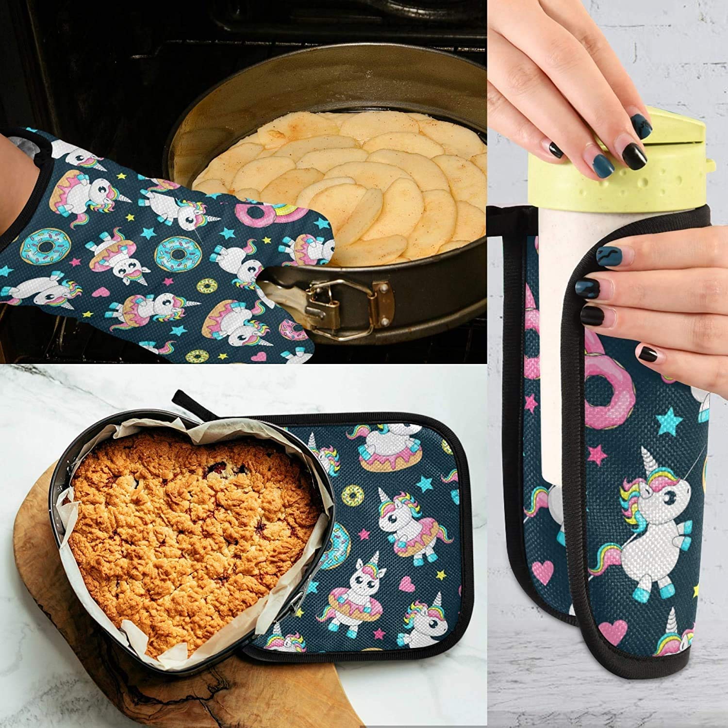 Oven Mitts Pot Holders Set, Donut Unicorn with Rainbow Tail Heat Resistant Waterproof Gloves with Soft Cotton Lining for Kitchen Cooking, Baking, Microwave, BBQ