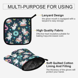 Oven Mitts Pot Holders Set, Donut Unicorn with Rainbow Tail Heat Resistant Waterproof Gloves with Soft Cotton Lining for Kitchen Cooking, Baking, Microwave, BBQ