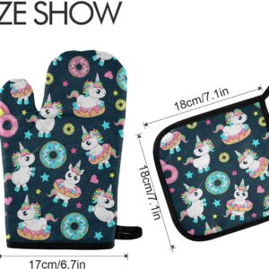 Oven Mitts Pot Holders Set, Donut Unicorn with Rainbow Tail Heat Resistant Waterproof Gloves with Soft Cotton Lining for Kitchen Cooking, Baking, Microwave, BBQ