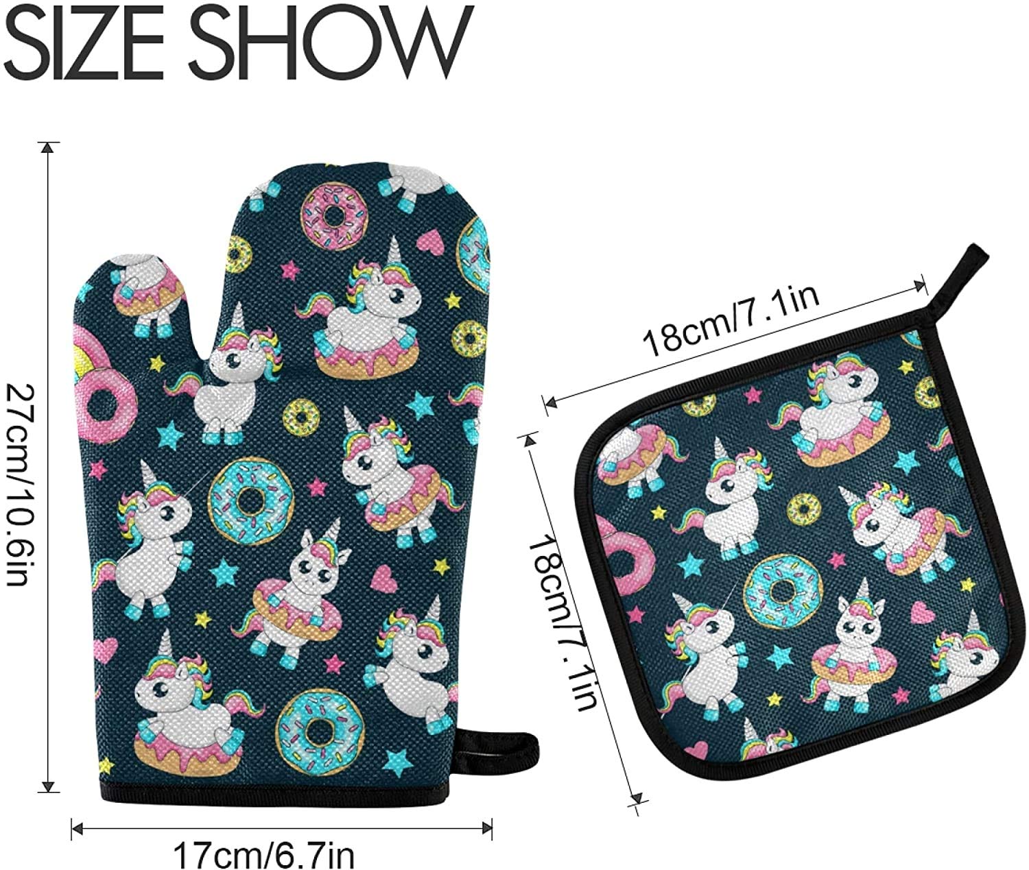 Oven Mitts Pot Holders Set, Donut Unicorn with Rainbow Tail Heat Resistant Waterproof Gloves with Soft Cotton Lining for Kitchen Cooking, Baking, Microwave, BBQ